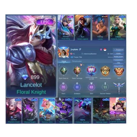 63 Skins Mobile Legend Account 078 70 HEROES 63 SKINS 3 MAXED