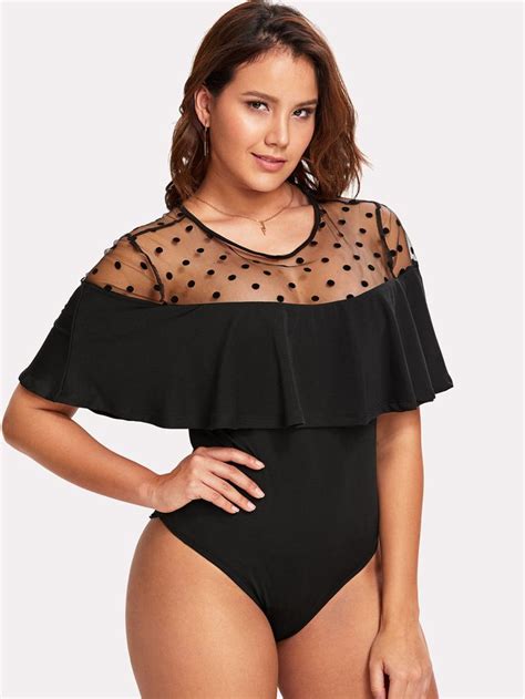SHEIN Plus Dot Mesh Yoke Flounce Embellished Bodysuit Embellished