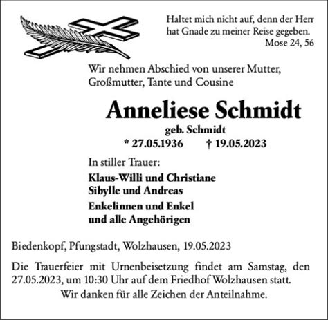Traueranzeigen Von Anneliese Schmidt Vrm Trauer De