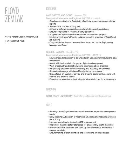 Mechanical Maintenance Engineer Resume Samples Velvet Jobs