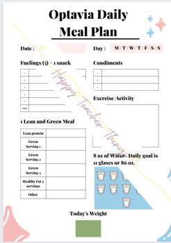 Optavia Daily Food Meal Plan By Happy Teacher Things TpT
