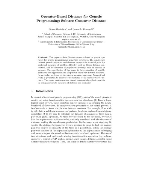 pdf operator based distance for genetic programming subtree crossover distance