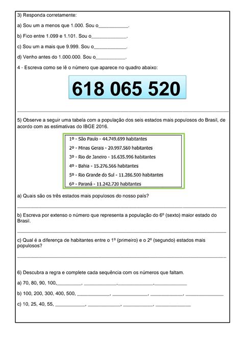 Números naturais e sequência numérica Atividade de matemática para