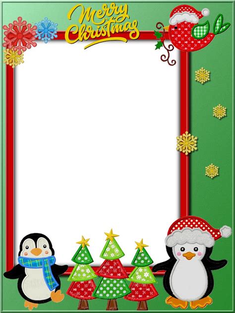 A Christmas Photo Frame With Penguins And Trees