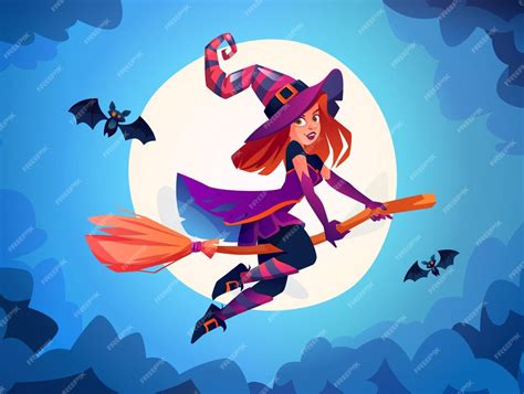 Premium Vector Witch Flying On Broomstick Against Full Moon Light Wizard Wearing Costume Lady