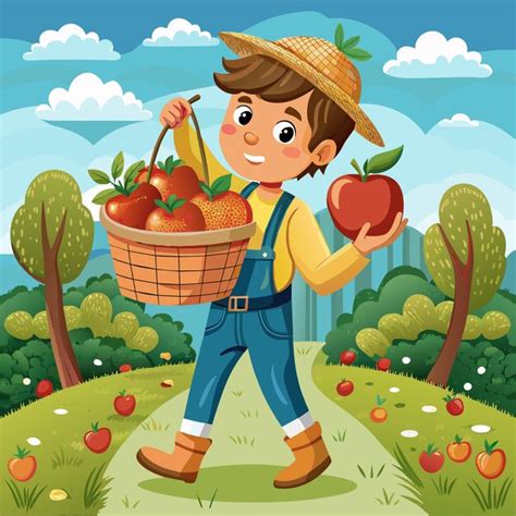 Un niño sosteniendo una cesta de frutas y una cesta de manzanas