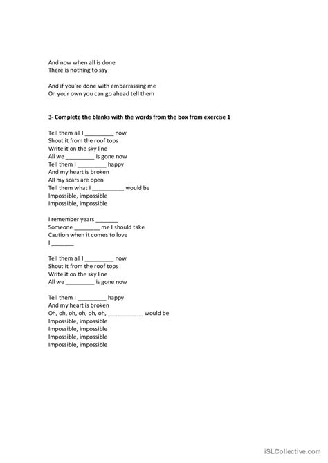 Impossible James Arthur Song Warmer English Esl Worksheets Pdf Doc