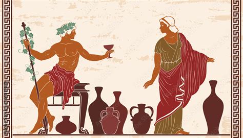 Heroes Of Ancient Greek Myths Dionysus And Ariadne With Jugs Of Wine