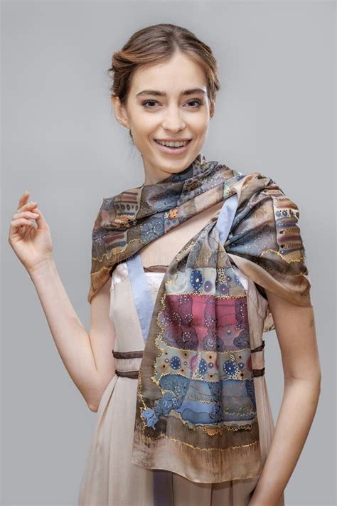 Beautiful Fashion Model Posing With Colorful Silk Scarf Stock Image