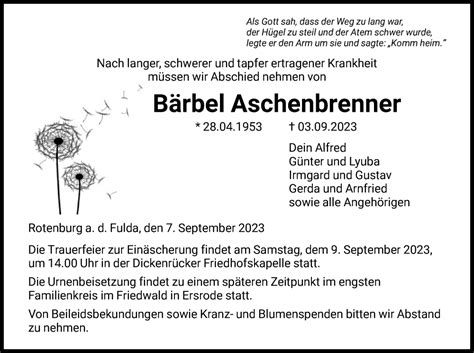 Traueranzeigen von Bärbel Aschenbrenner Trauer HNA de
