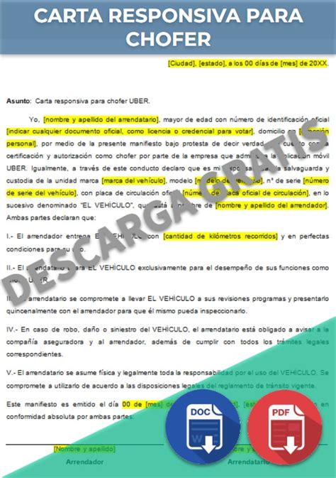 Carta Responsiva Vehicular Ejemplos Y Formatos Word PDF
