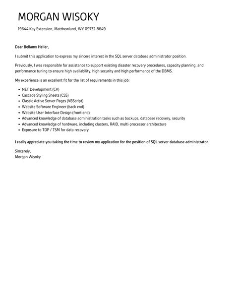 Sql Server Database Administrator Cover Letter Velvet Jobs