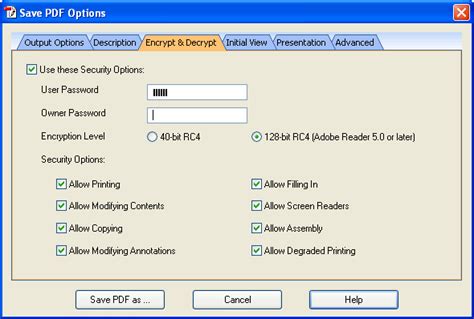 save the pdf editing as a new pdf with options output description encrypt decrypt initial