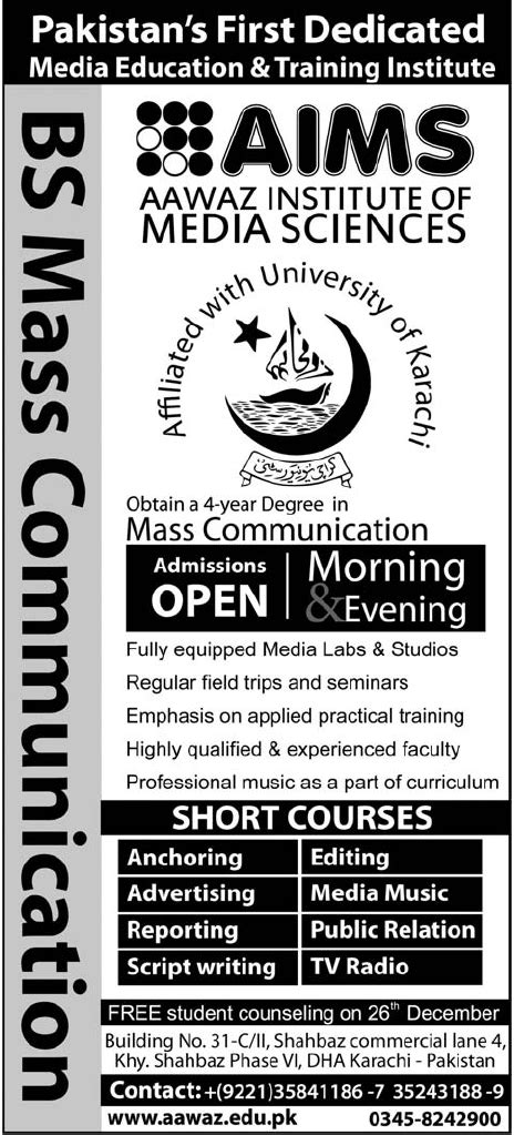 Admissions Open In BS MASS Communication In AIMS Karachi 2024