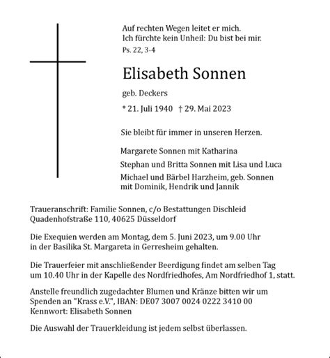 Alle Traueranzeigen F R Elisabeth Sonnen Trauer Rp Online De