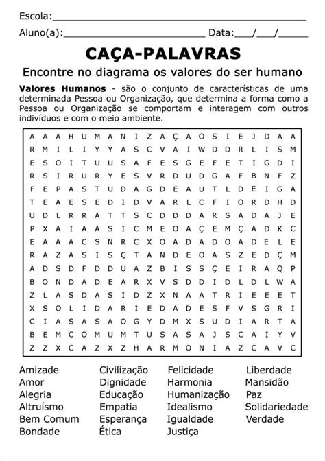 Caça Palavras Ensino Religioso Encontre os Valores Humanos