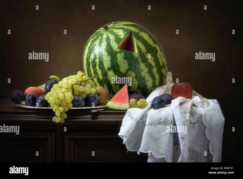 Still Life With Fruits And Watermelon Stock Photo Alamy