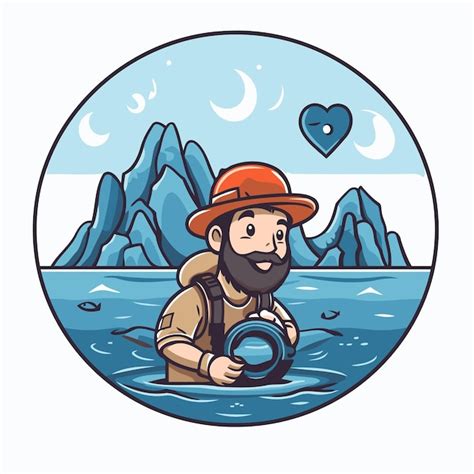 Explorador de dibujos animados con binoculares en el mar Ilustración