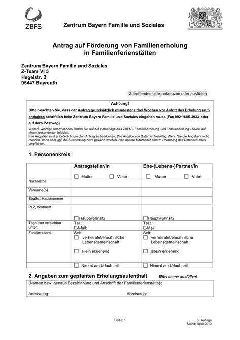 Antrag auf FÃƒÂrderung von Familienerholung Zentrum Bayern