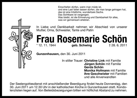 Traueranzeigen von Rosemarie Schön trauer nn de