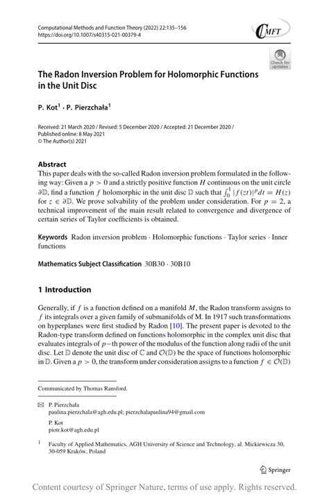 pdf the radon inversion problem for holomorphic functions in the unit disc