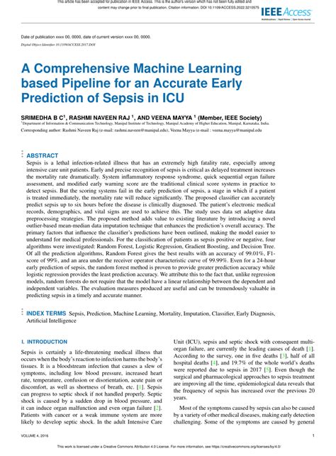 pdf a comprehensive machine learning based pipeline for an accurate early prediction of sepsis