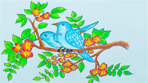 Como Dibujar y Colorear Dos pájaros en el árbol Dibujos Para Niños