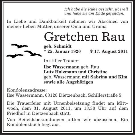 Traueranzeigen Von Gretchen Rau Trauer Op Online De