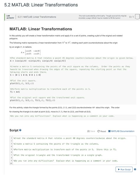 solved 5 2 matlab linear transformations lab activity