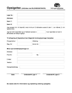 Fillable Online Hdejendomme Opsigelse Udfyldes Med Blokbogstaver