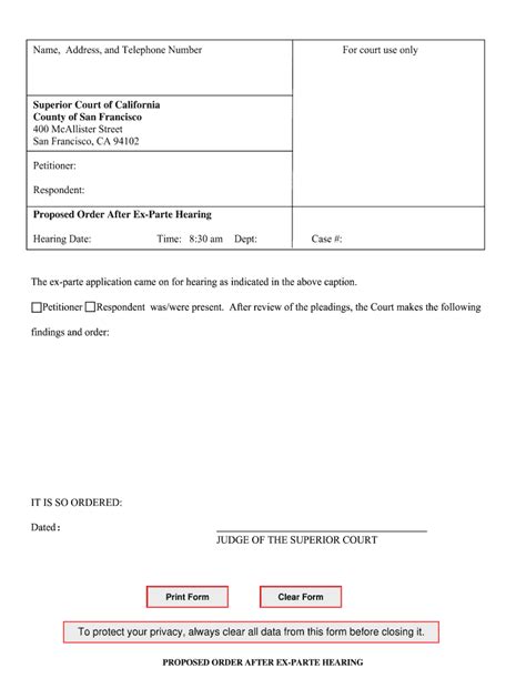 CA Proposed Order After Ex Parte Hearing Complete Legal Document