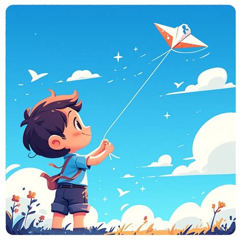 Um Menino De Mumbai Voa Uma Cometa No Estilo De Desenho Animado Vetor