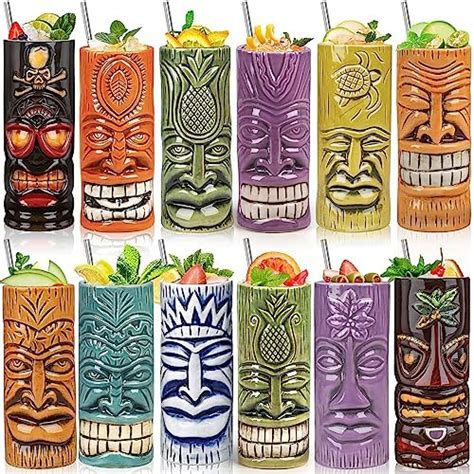 SuproBarware Tiki Mugs Set Of 12 Large Cocktail Tiki Glasses Hawaiian