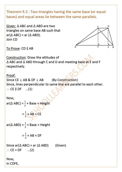 class 9 chapter 9 theorem 9 3 two triangles having the same base or equal bases and equal