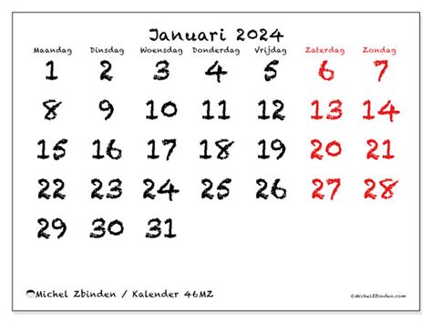 Kalender Januari 2024 46MZ Michel Zbinden BE