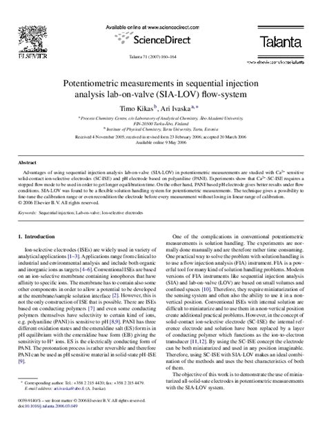 pdf potentiometric measurements in sequential injection analysis lab on valve sia lov flow