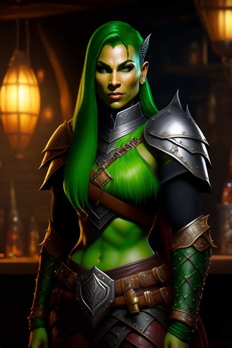 Lexica Portrait Of A Green Skinned Female Orc Rogue Black Leather
