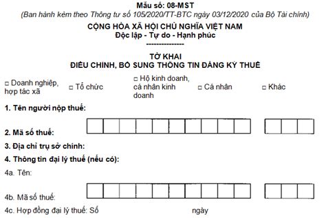 Hướng dẫn cập nhật Mẫu 08 thay đổi thông tin người nộp thuế theo nghị