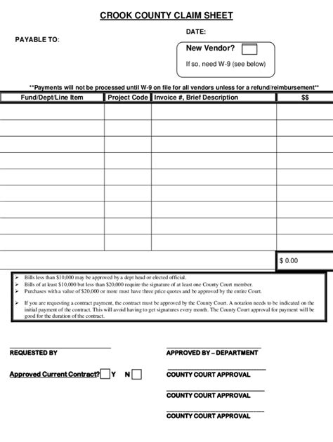 Fillable Online Co Crook Or CROOK COUNTY CLAIM SHEET Fax Email Print