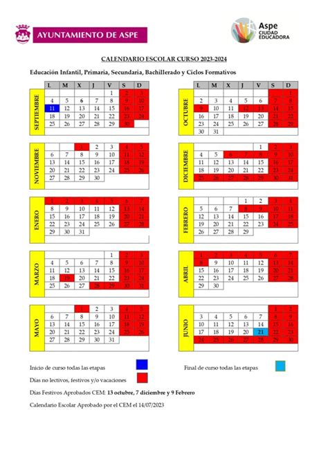 Calendario Escolar Curso Educaci N Aspe