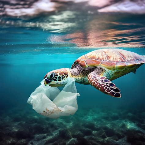 Tortuga come bolsa de plástico bajo el mar Foto Premium