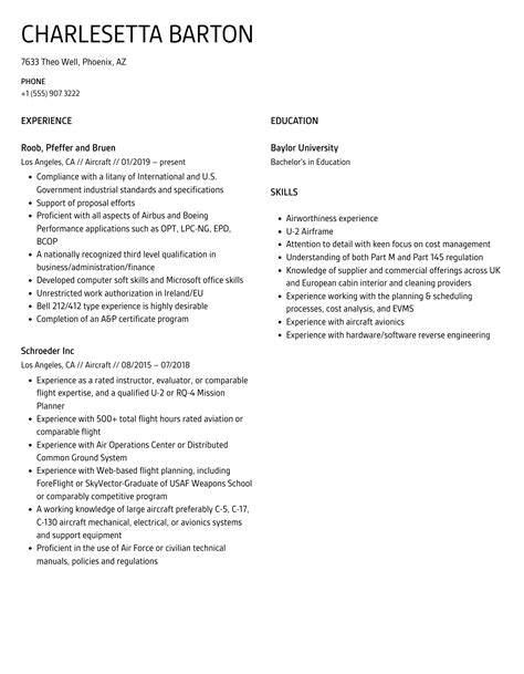 Aircraft Resume Samples Velvet Jobs