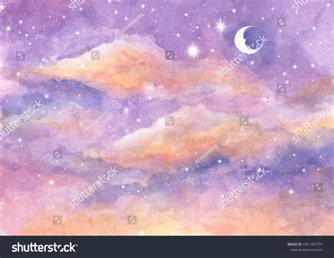 Watercolor Painting Moon Clouds Background Soft Stock Illustration