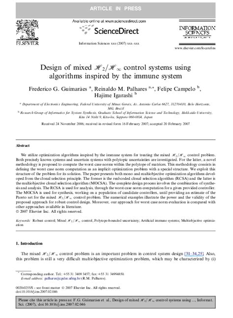 pdf design of mixed h2 hinfinity control systems using algorithms inspired by the immune