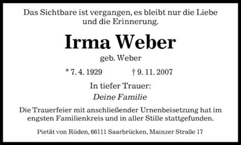 Traueranzeigen Von Irma Weber Saarbruecker Zeitung Trauer De