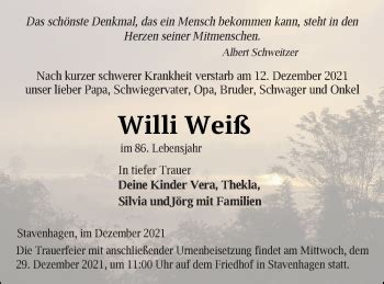 Traueranzeigen von Willi Weiß Trauer Nordkurier