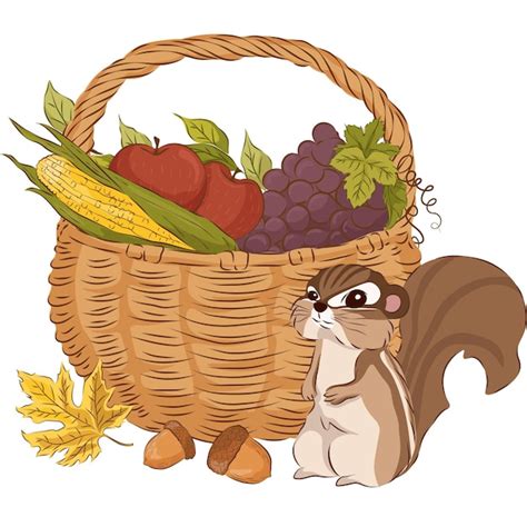 Premium Vector Basket Of Fruit And Veg With Squirrel For Harvest