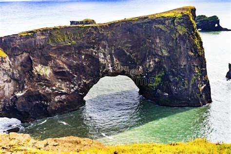 Dyrholaey Arch With Hole Reynisfjara Black Sand Beach Iceland Stock
