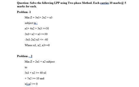 solved question solve the following lpp using two phase