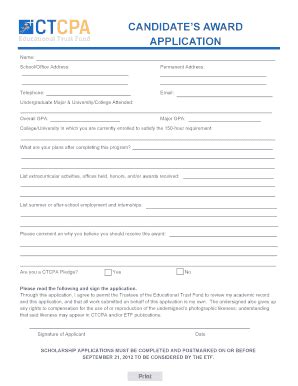 Fillable Online Ctcpas CANDIDATE S AWARD APPLICATION Connecticut